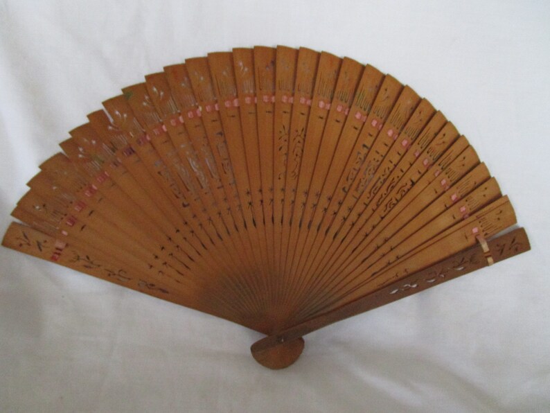 Antique Pierced Wood Stick & Hand Painted Hand Fan - Etsy
