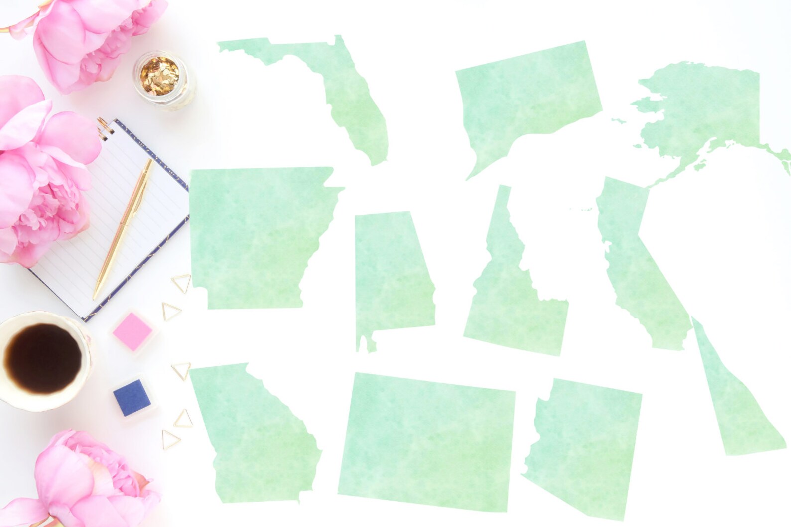 USA Map Watercolor Clipart, 50 States Watercolor Clip Art Bundle ...