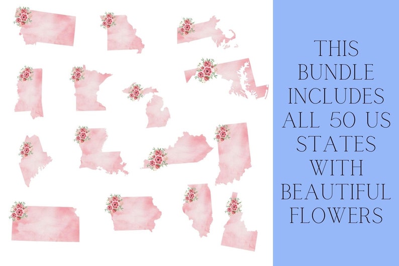 USA Map Watercolor Clipart: 50 States Floral Bundle (PNG) - Etsy