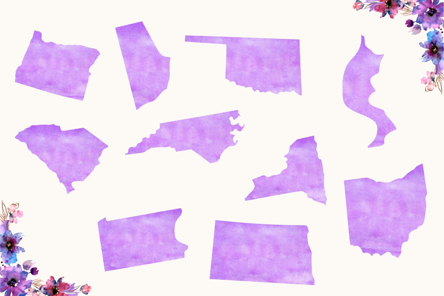 USA Map Blue Watercolor Clipart, 50 States Watercolor Clip Art Bundle ...