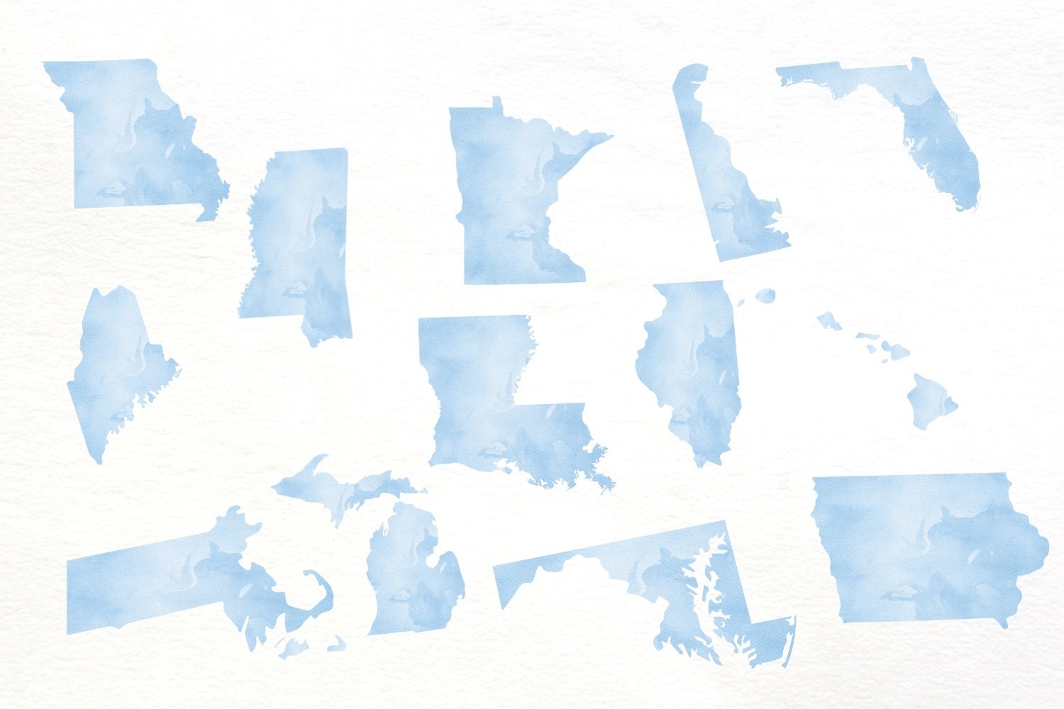 USA Map Blue Watercolor Clipar, 50 States Watercolor Clip Art Bundle ...