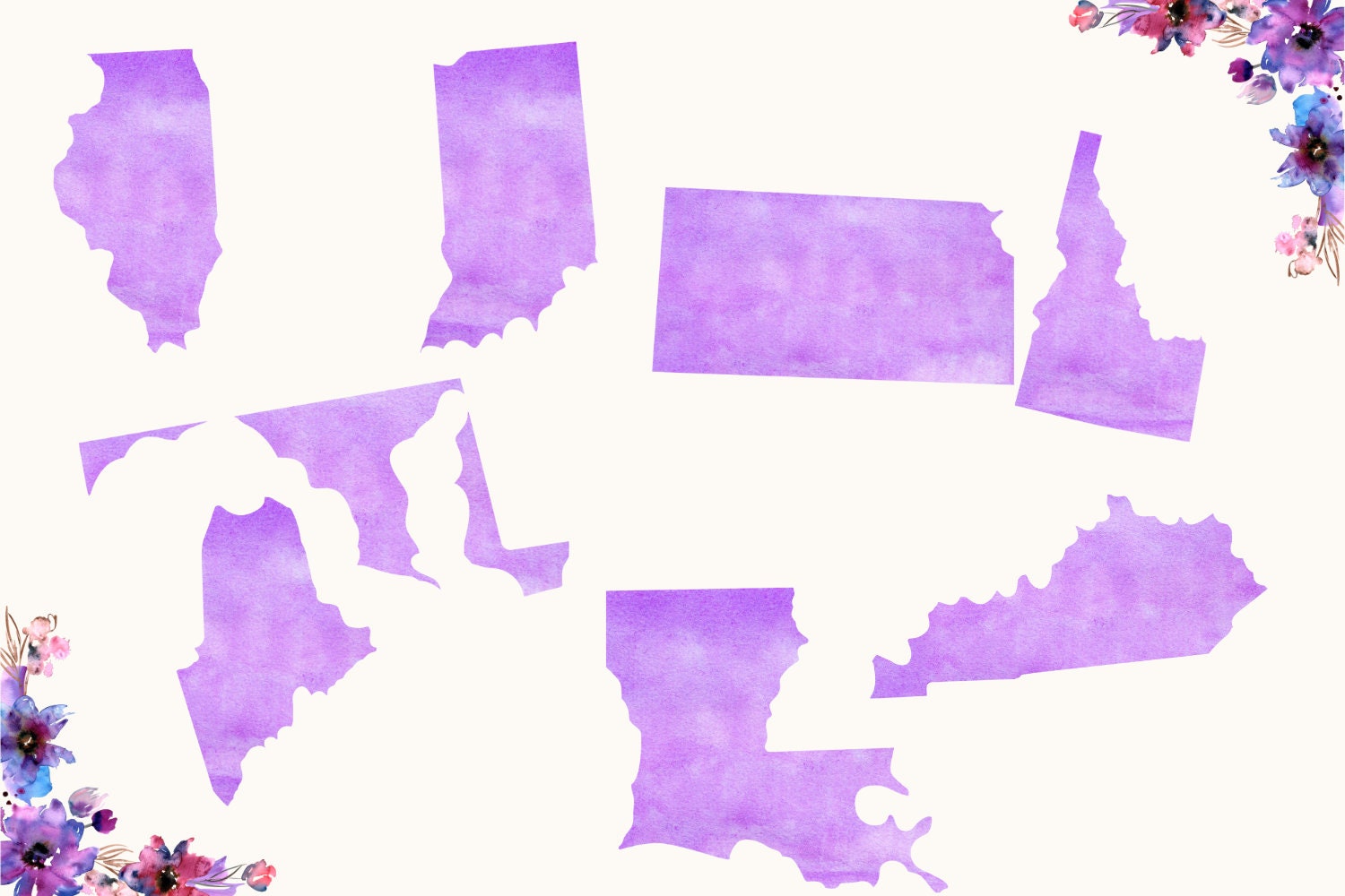 USA Map Blue Watercolor Clipart, 50 States Watercolor Clip Art Bundle ...