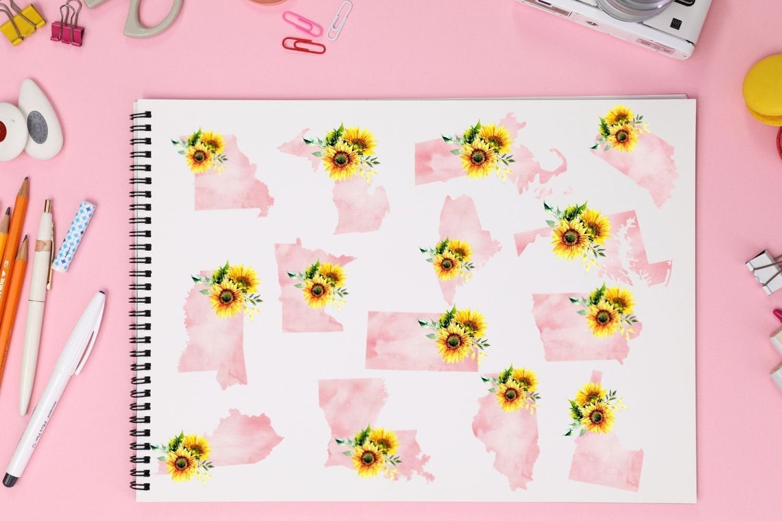 USA Map Watercolor Clipart: 50 States Floral Bundle (PNG) - Etsy