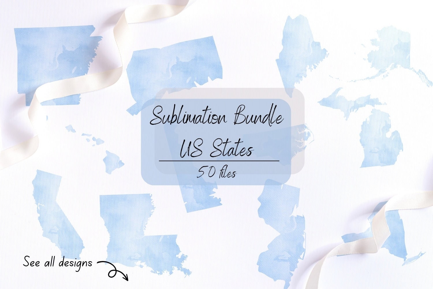 USA Map Blue Watercolor Clipar, 50 States Watercolor Clip Art Bundle ...