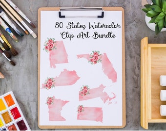 USA Map Watercolor Clipart, 50 States Watercolor Clip Art Bundle ...