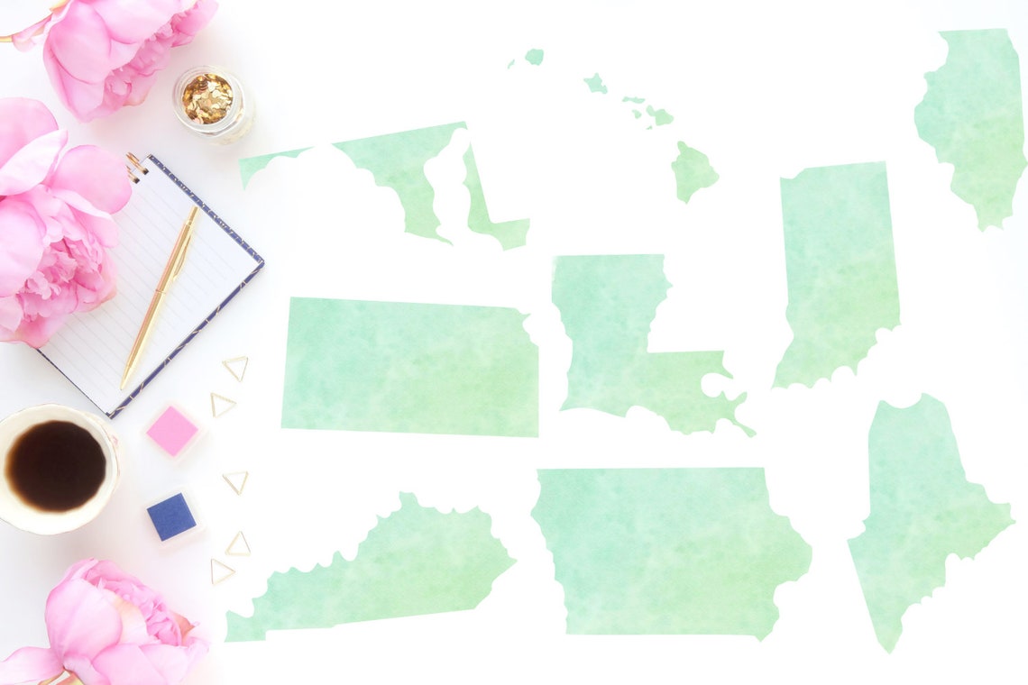 USA Map Watercolor Clipart, 50 States Watercolor Clip Art Bundle ...