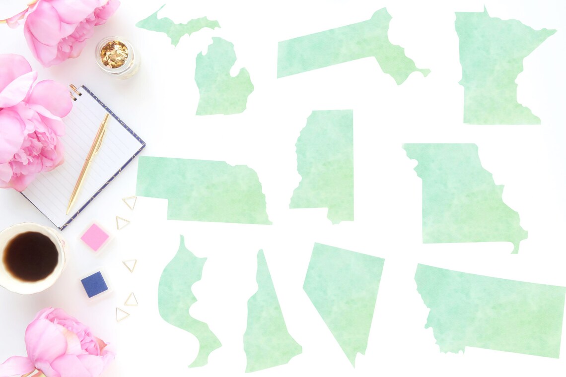 USA Map Watercolor Clipart, 50 States Watercolor Clip Art Bundle ...