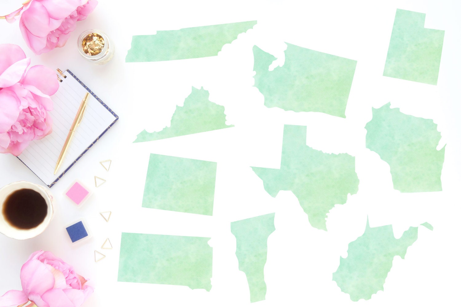 USA Map Watercolor Clipart, 50 States Watercolor Clip Art Bundle ...