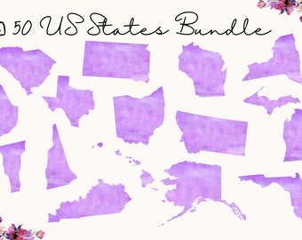 USA Map Watercolor Clipart, 50 States Watercolor Clip Art Bundle ...