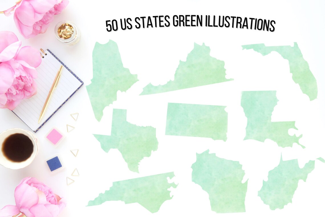 USA Map Watercolor Clipart, 50 States Watercolor Clip Art Bundle ...