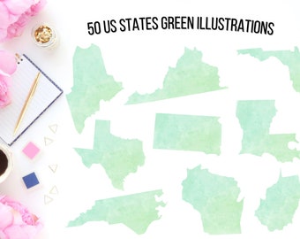 USA Map Watercolor Clipart, 50 States Watercolor Clip Art Bundle ...