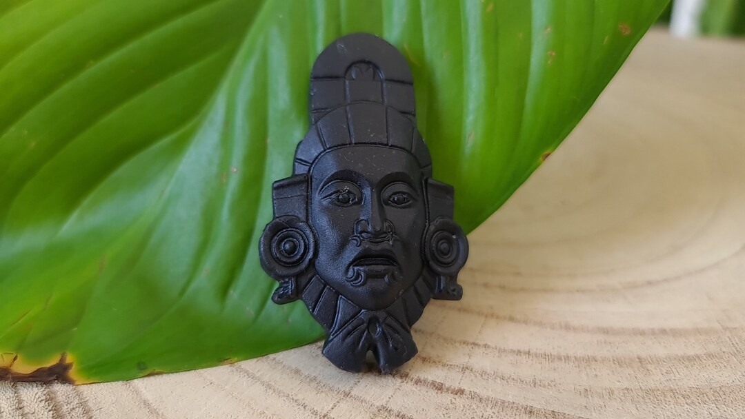 Black Obsidian Laser Carved Crystal Mayan Man Medallion / Worked ...
