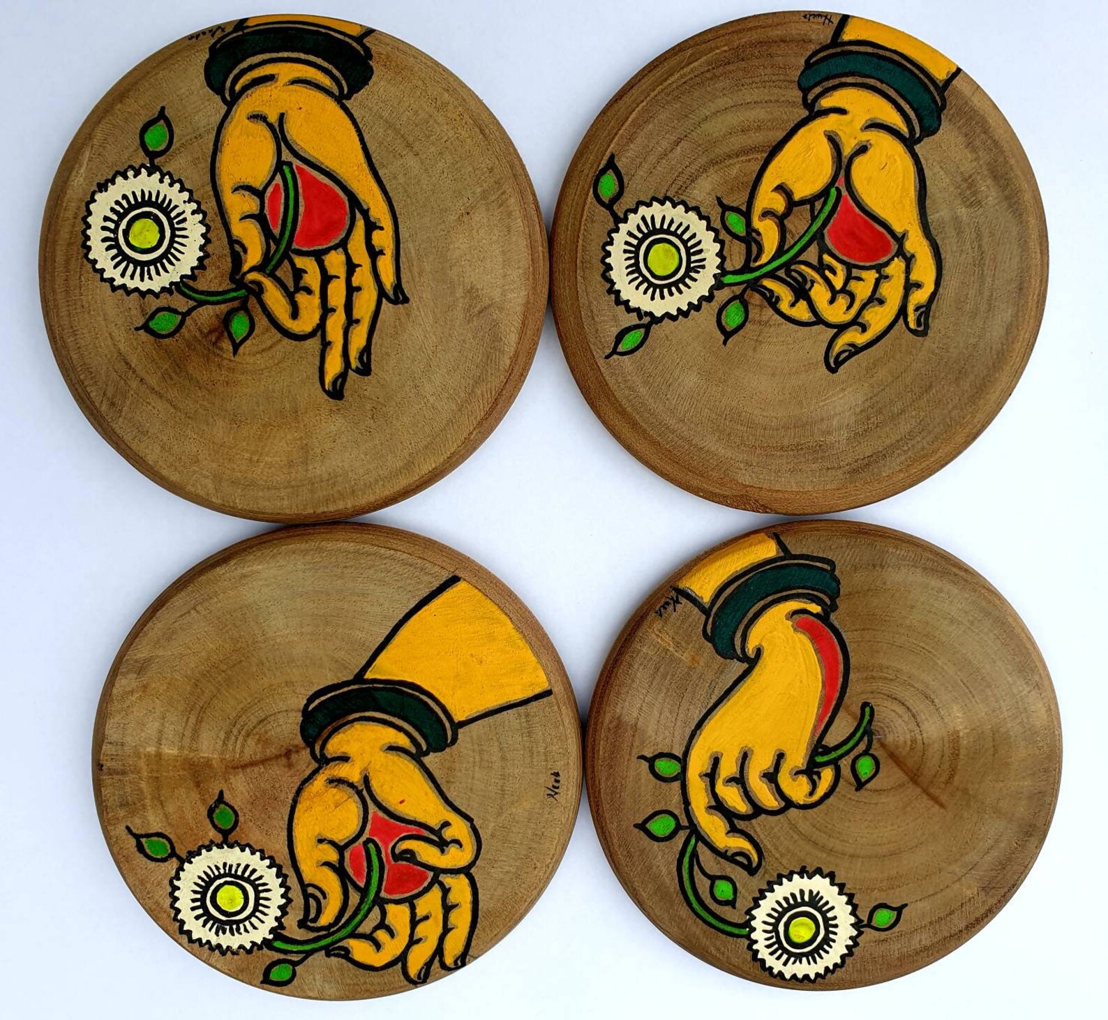 Wooden Handpainted Burnt Orange Yellow Coasters Ideal for Housewarming ...