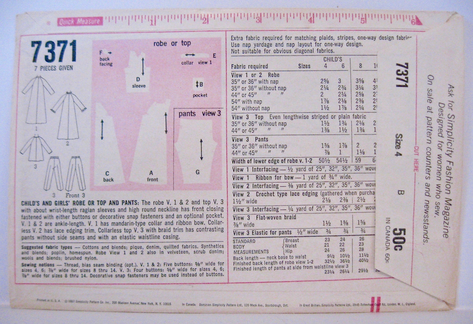 Vintage 1967 Simplicity Sewing Pattern 7371 Girls Sz 4 Breast 23 Long ...
