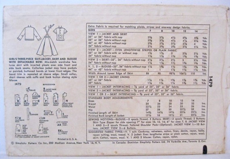 Vintage Simplicity Sewing Pattern 1479 1955 Sz 7 Breast 25" Girls 3pc ...