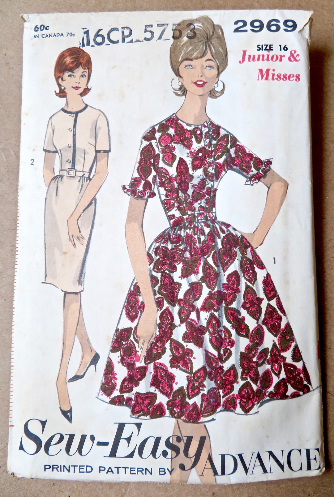 Vintage Advance 1960s 60s Sewing Pattern 2969 Sz 16 Modern Size 6 8 ...