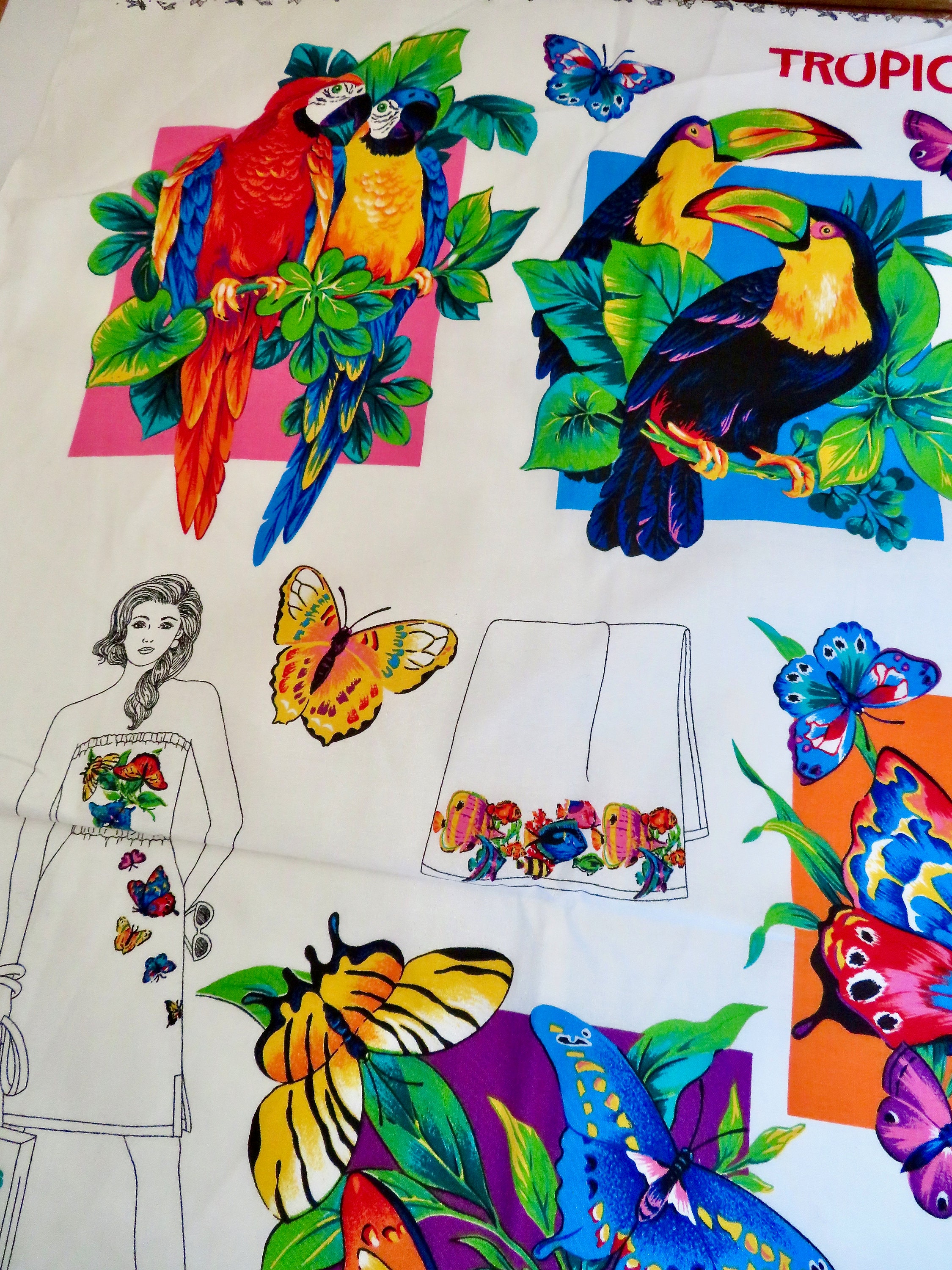 Vintage VIP Cranston Print Works Tropical Island Appliques Animals ...