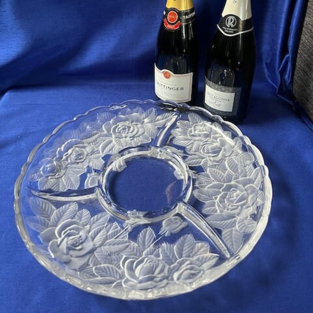 Vintage Winter Rose Glass Chip and Dip Sectioned Serving Platter Studio ...