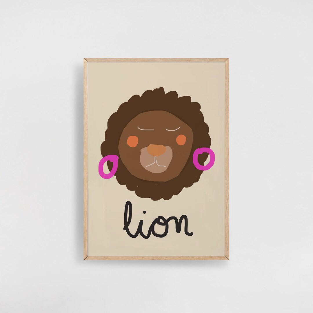 Lion Illustration Print, Printable Wall Art for Children, Beige ...