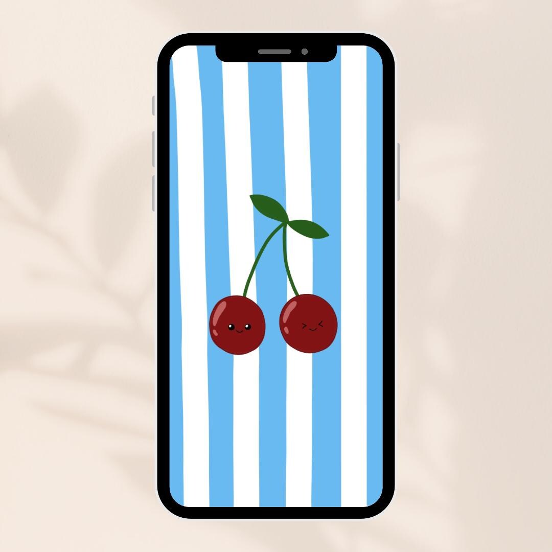 Cute Cherries Phone Wallpaper – Blue and White Striped Background With ...