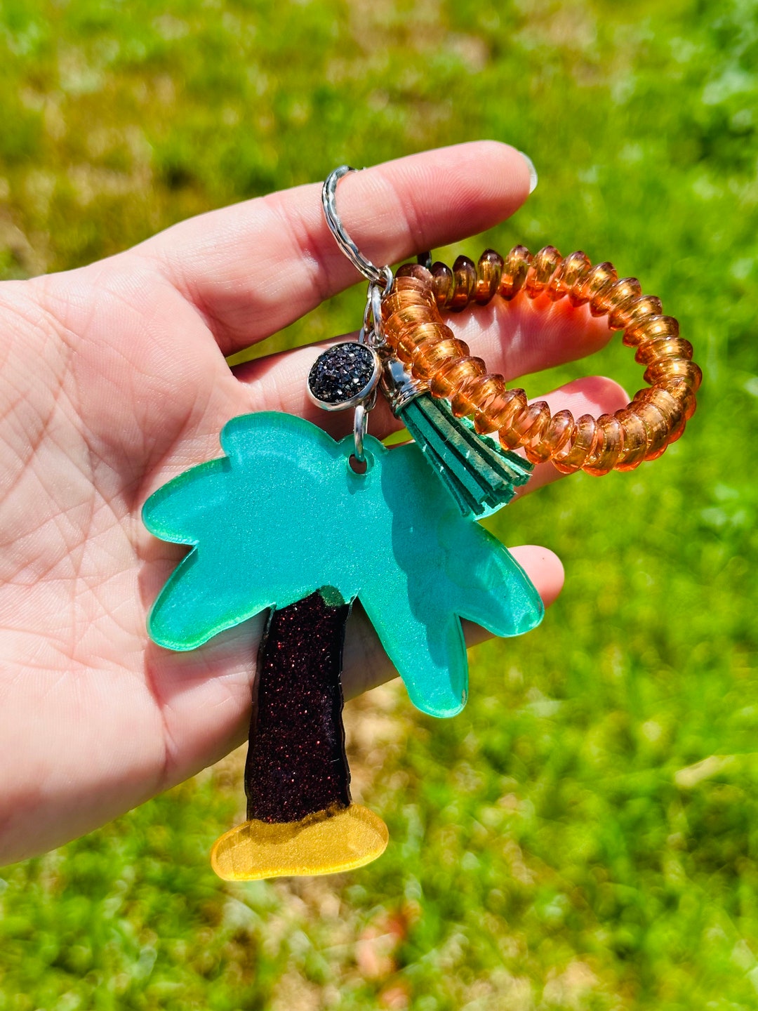 Glitter Palm Tree Keychain: Acrylic Tropical Bag Tag With Tassel - Etsy