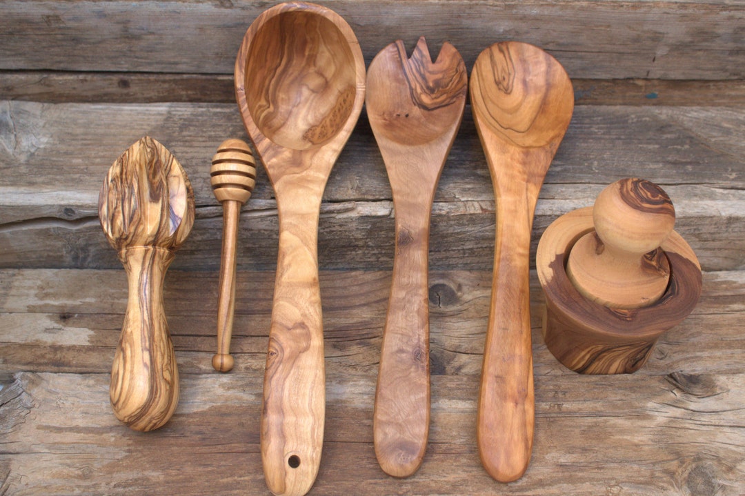Complete Olive Wood Kitchen Set: Lemon Squeezer, Honey Spoon, Salad ...