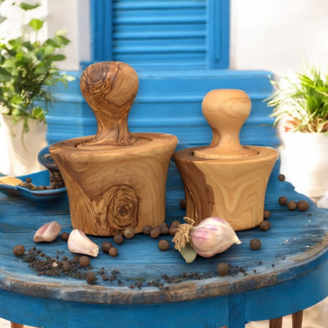 Set of Two Handmade Olive Wood Conical Mortars, Olive Wood Mortar Gift ...