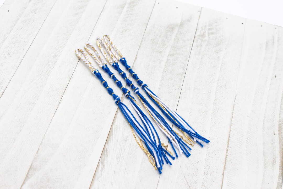 DAYBREAK Tzitzits, 6" Sparkly Silver and White Tzitzits With Blue, Yod ...