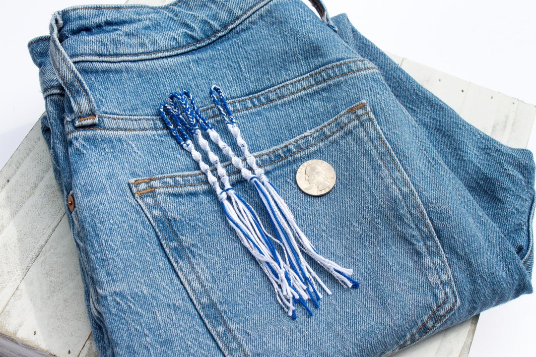 YHVH Tzitziyot, Small 6 Sparkly Silver and White Tzitzits With Blue ...