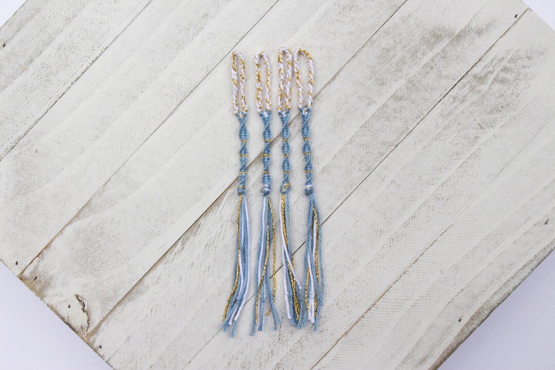 DAYBREAK Tzitzits, 6 Sparkly Gold and White Tzitzits With Blue, Yod Hey ...