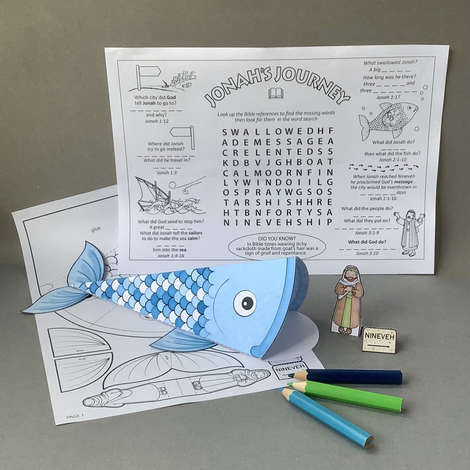 Jonah and the Big Fish Activity Craft Page With Colouring Page and Word ...
