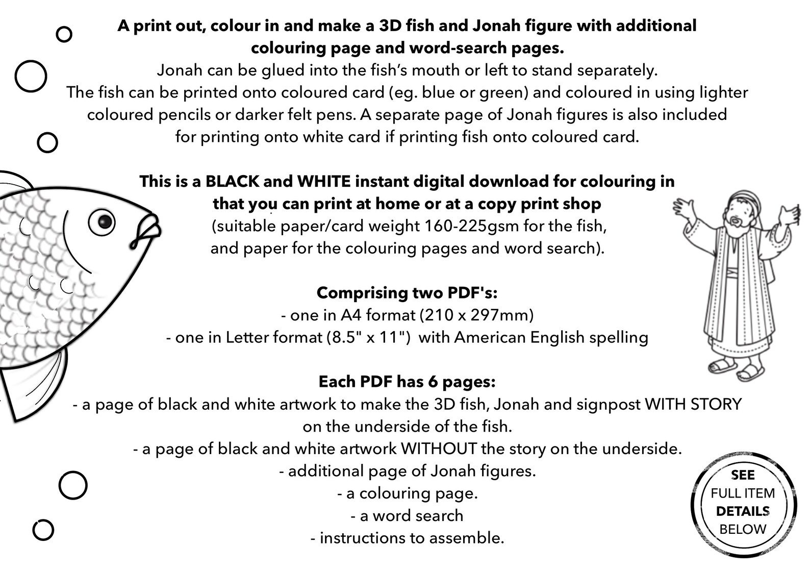 Jonah and the Big Fish Activity Craft Page With Colouring Page and Word ...
