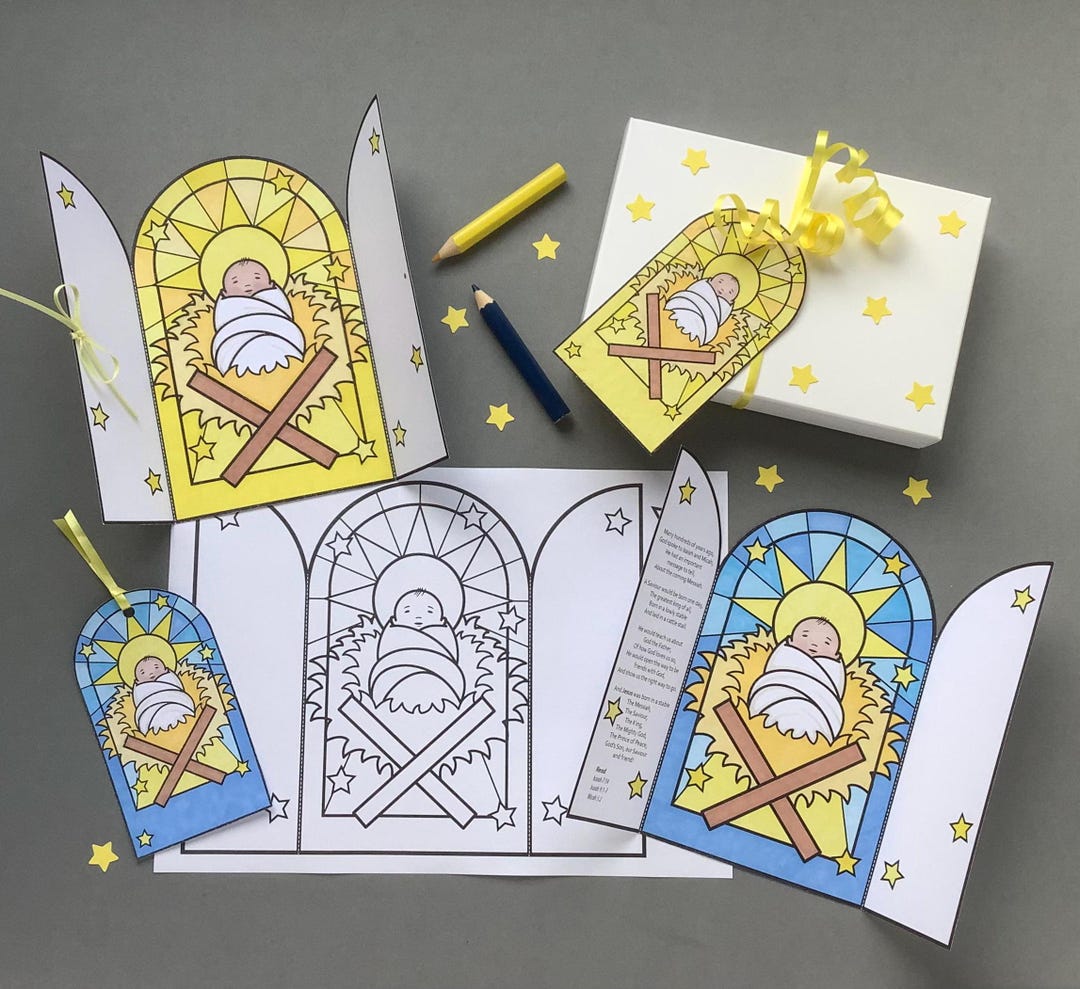 Nativity Christmas Card With Gift Tags or Bookmarks in Black and White ...