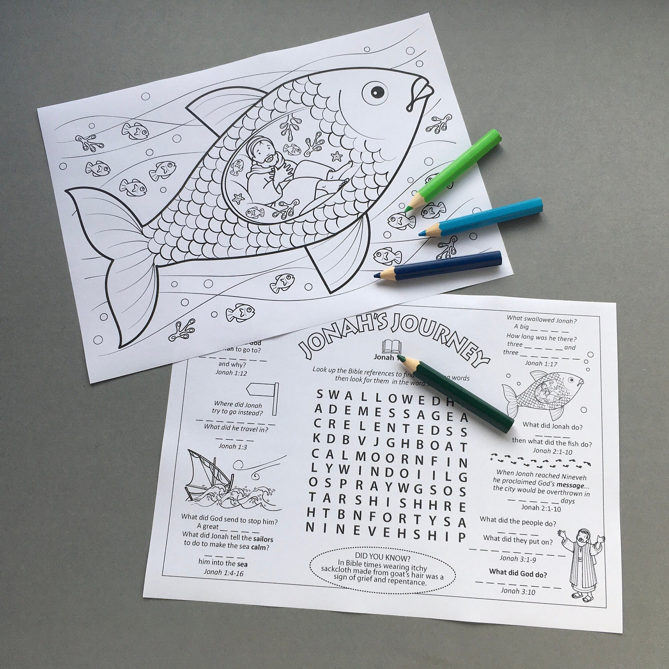 Jonah and the Big Fish Activity Craft Page With Colouring Page and Word ...