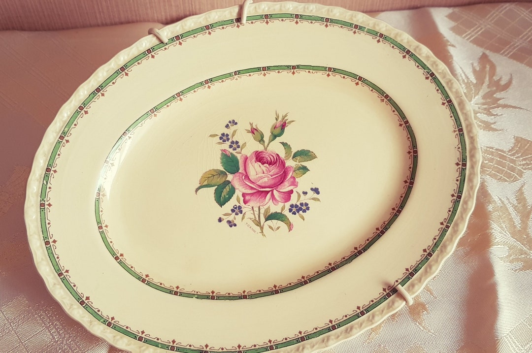 Vintage Myott Staffordshire Oval Platter: Pink Rose Floral, Green Gilt ...