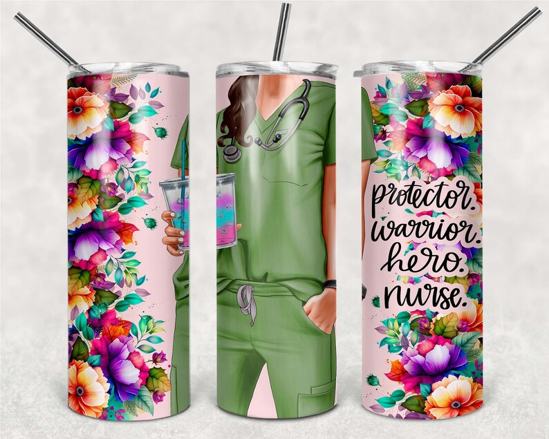 Nurse, Green Scrubs ,floral Border PNG, Tumbler Sublimation, Healthcare ...