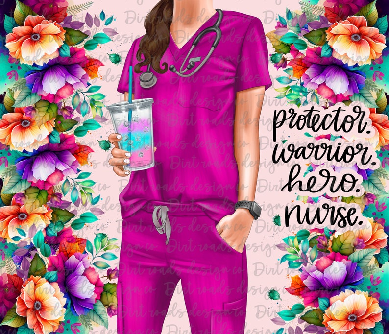 Nurse, Pink Scrubs ,floral Border PNG, Tumbler Sublimation, Healthcare ...