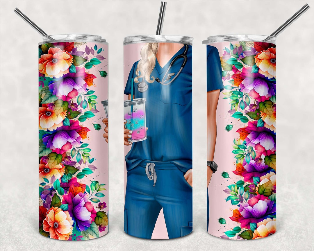 Nurse, Blue Scrubs ,floral Border PNG, Tumbler Sublimation, Healthcare ...