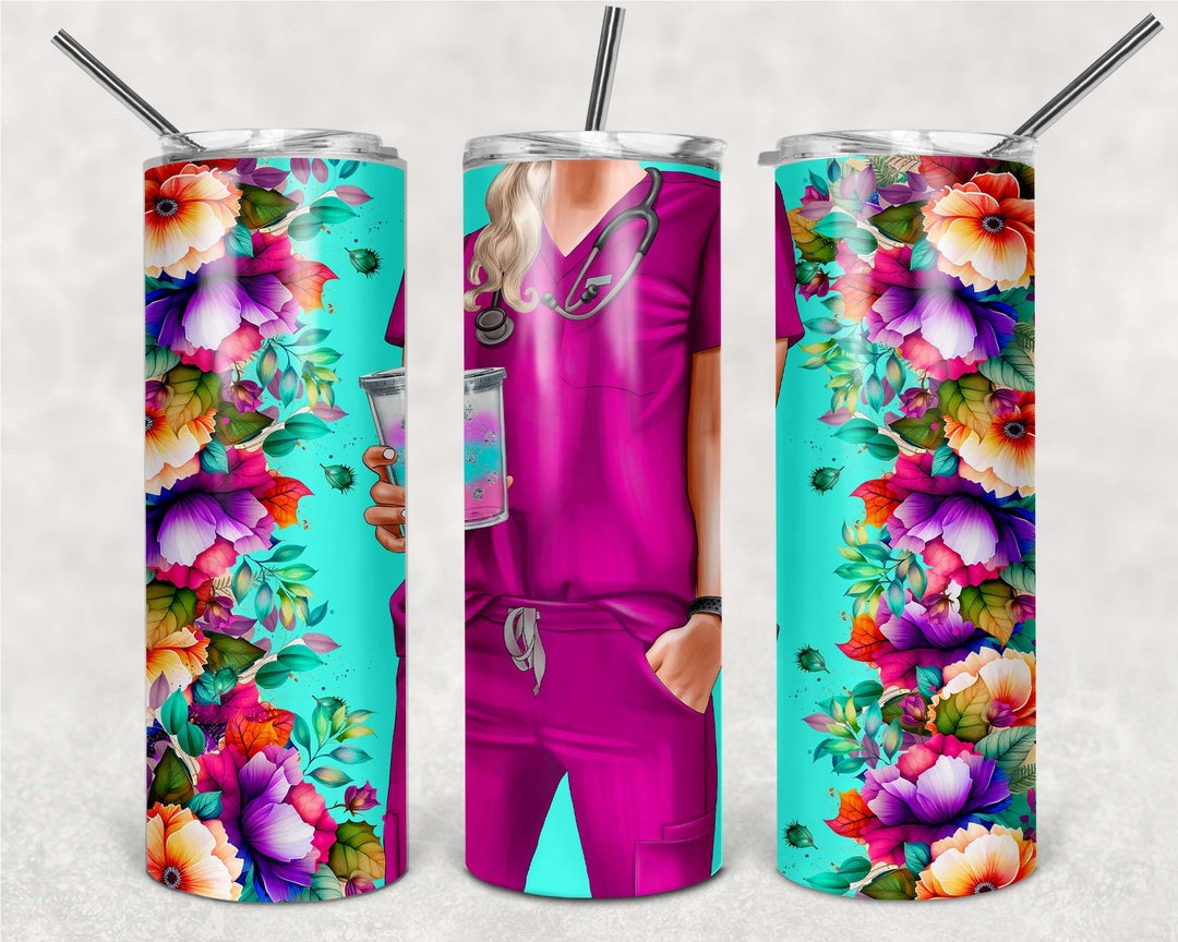 Nurse, Pink Scrubs ,floral Border PNG, Tumbler Sublimation, Healthcare ...
