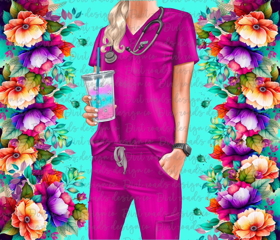 Nurse, Pink Scrubs ,floral Border PNG, Tumbler Sublimation, Healthcare ...