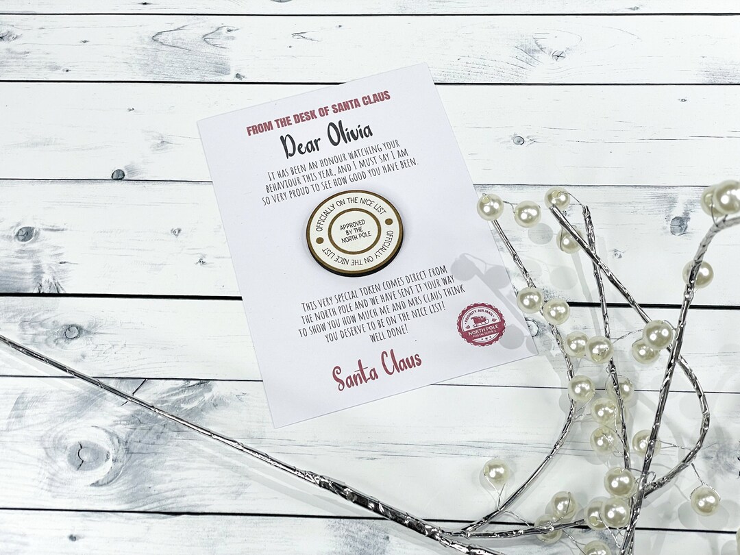 Personalised Nice List Acceptance Card and Pocket Hug, Nice List Token ...