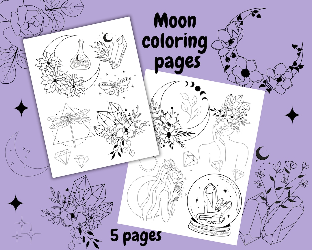 Printable Moon and Flowers Coloring Pages, Celestial Theme Coloring ...