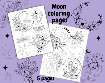 5 Printable Pages of Moons and Flowers for Coloring - Etsy