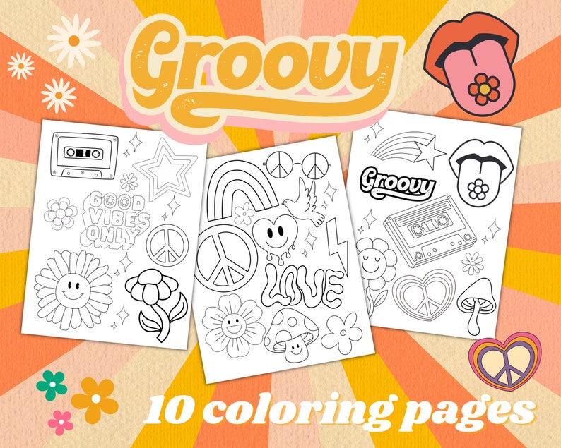 Coloring Pages With Groovy Theme Cute Coloring Sheets - Etsy