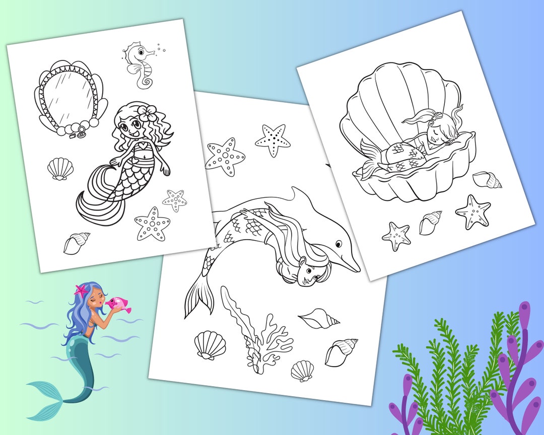 Mermaid Coloring Pages for Girls, Ocean Mermaid Birthday Party Activity ...