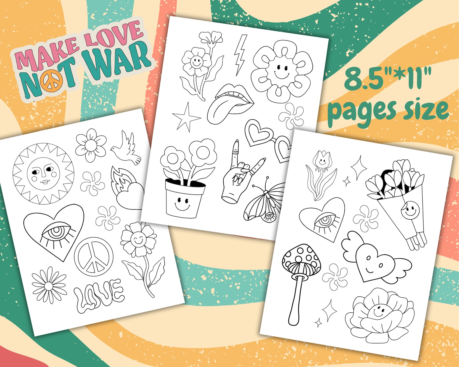Coloring Pages Set With Groovy Theme, Retro Coloring - Etsy