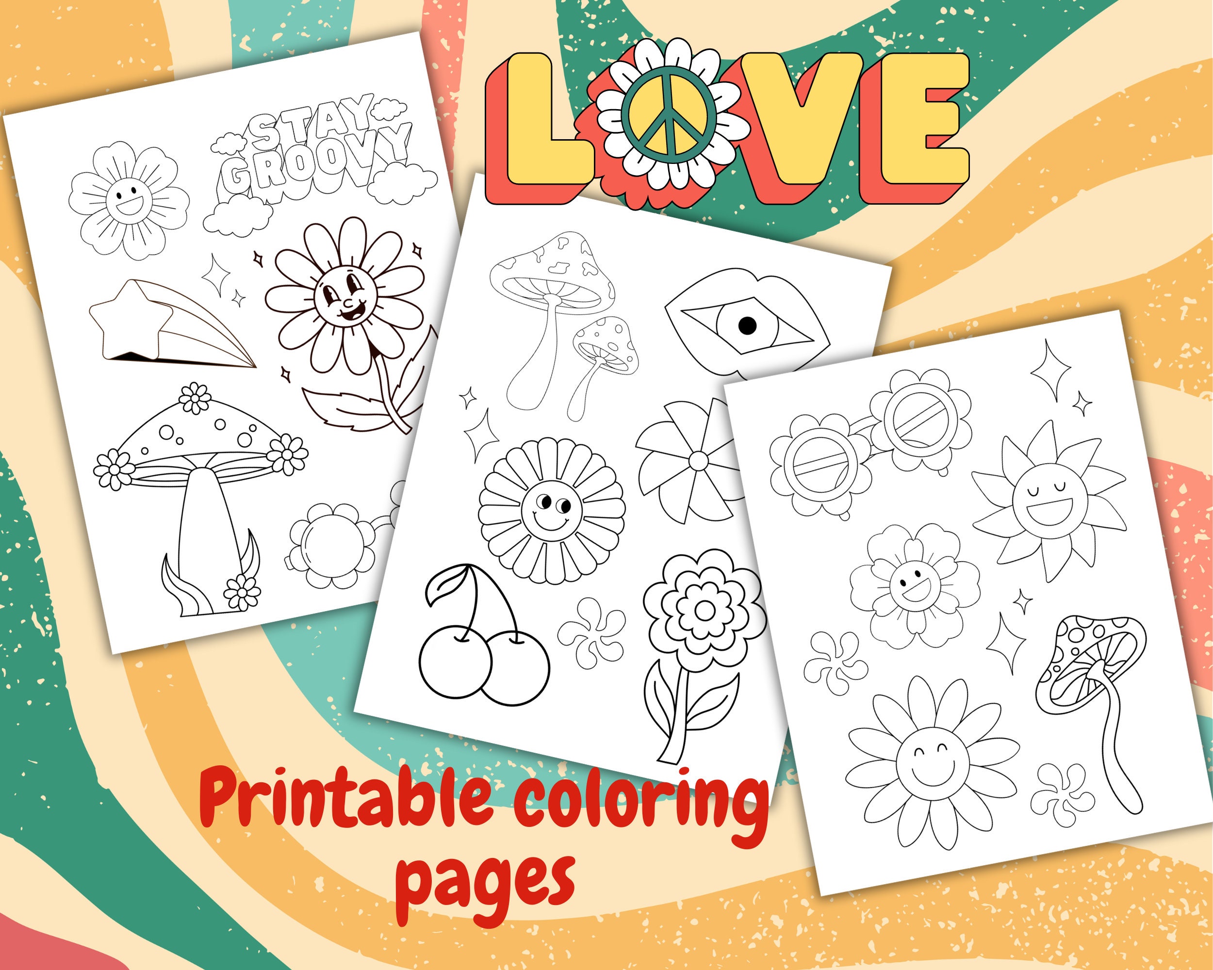 Coloring Pages Set With Groovy Theme, Retro Coloring - Etsy