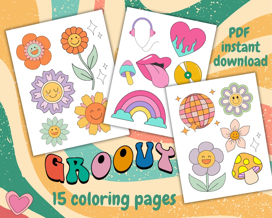 Coloring Pages Set With Groovy Theme, Retro Coloring - Etsy