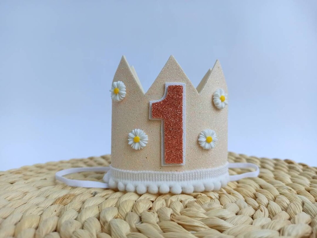 Groovy One Birthday Crown, Beige Birthday Crown With Daisy for Girl ...