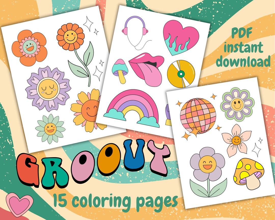 Coloring Pages Set With Groovy Theme Retro Coloring - Etsy